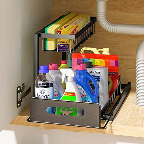 Kitchen Under Sink Organizers and Storage, Pull Out Cabinet Organizer 2-Tier Basket Drawers for Kitchen Organization, Undersink Sliding Pull Out Shelf Bathroom Kitchen Accessories, Black