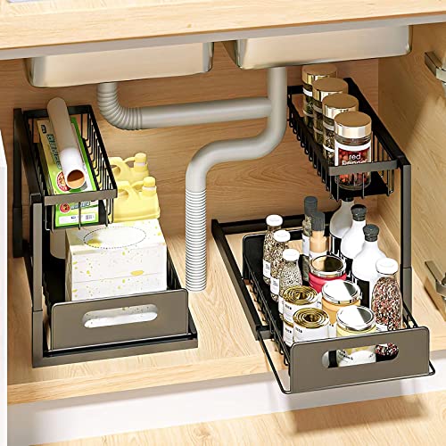 Kitchen Under Sink Organizers and Storage, Pull Out Cabinet Organizer 2-Tier Basket Drawers for Kitchen Organization, Undersink Sliding Pull Out Shelf Bathroom Kitchen Accessories, Black