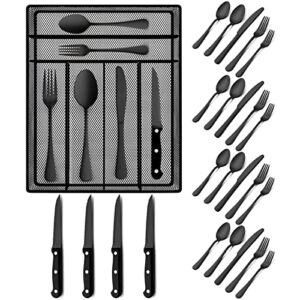 teivio 24 piece silverware set, flatware utensils set mirror polished, dishwasher safe service for 4, include knife/fork/spoon/steak knife/wire mesh steel cutlery holder storage trays (matte black)