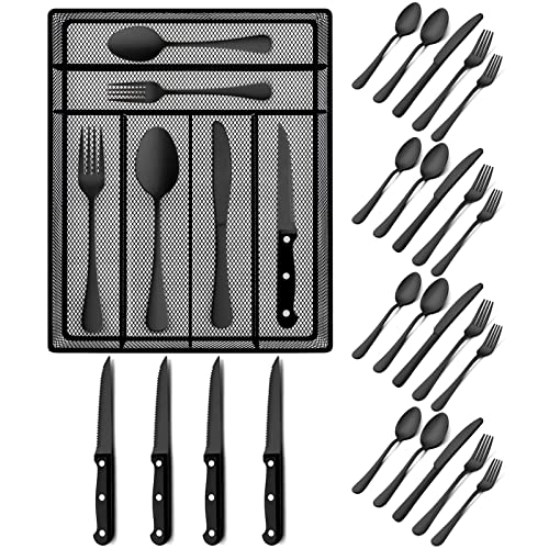 Teivio 24 Piece Silverware Set, Flatware Utensils Set Mirror Polished, Dishwasher Safe Service for 4, Include Knife/Fork/Spoon/Steak Knife/Wire Mesh Steel Cutlery Holder Storage Trays (Matte Black)