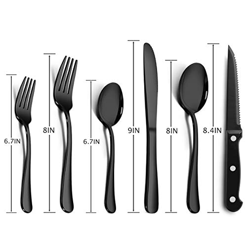 Teivio 24 Piece Silverware Set, Flatware Utensils Set Mirror Polished, Dishwasher Safe Service for 4, Include Knife/Fork/Spoon/Steak Knife/Wire Mesh Steel Cutlery Holder Storage Trays (Matte Black)