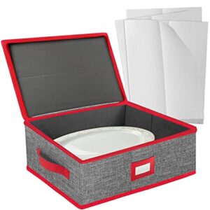 veronly platter storage case stackable – christmas china storage containers, with hard lid height of 5.3” padded surfaces – structured top, bottom and sides, 4 felt dividers included (grey and red)