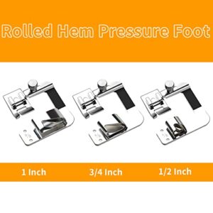 ANYQOO 3 Sizes Rolled Hem Pressure Foot Sewing Machine Presser Foot Hemmer Foot Set (1/2 Inch, 3/4 Inch, 1 Inch) for Singer, Brother, Janome and Other Low Shank Adapter (Rolled Hem Presser Feet)