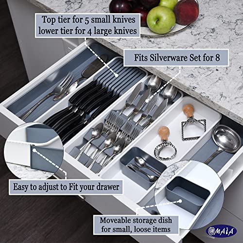 OMAIA Kitchen Drawer Organizer, 2-Tier Knife Holder - Expandable Cutlery Tray for Silverware, Flatware, Utensils - Non-BPA Plastic, Dishwasher-Safe - Kitchen Organization And Storage Caddies