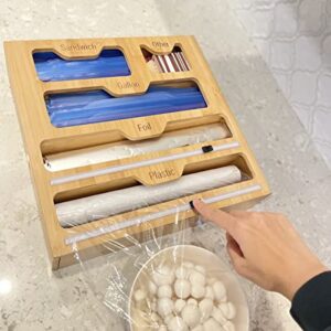 5 in 1 Ziplock Bag Organizer for Drawer - Easy to Use Plastic & Aluminum Foil Wrap Dispenser With Cutter Made of Premium Quality Solid Bamboo - Compatible for Gallon, Quart, Sandwich & Snack Size