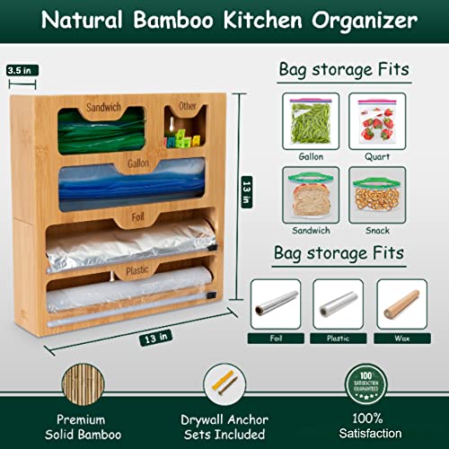 5 in 1 Ziplock Bag Organizer for Drawer - Easy to Use Plastic & Aluminum Foil Wrap Dispenser With Cutter Made of Premium Quality Solid Bamboo - Compatible for Gallon, Quart, Sandwich & Snack Size