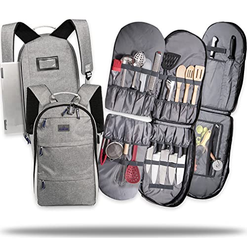 BOOBIKCHEF Knife Bag and Chef Backpack for Knives , Kitchen Tools, Durable Culinary Knife Backpack with 23 Padded Pockets, Knife Backpack and Waterproof Chef Bag, Knife Bags for Chefs in Grey (Fine)