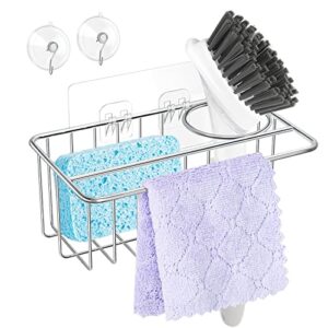 3 in 1 sink caddy sponge holder, vis’v 304 stainless steel adhesive kitchen sink basket sponge holder brush holder dishcloth hanger kitchen sink accessories organizer rack with 2 suction cups – silver