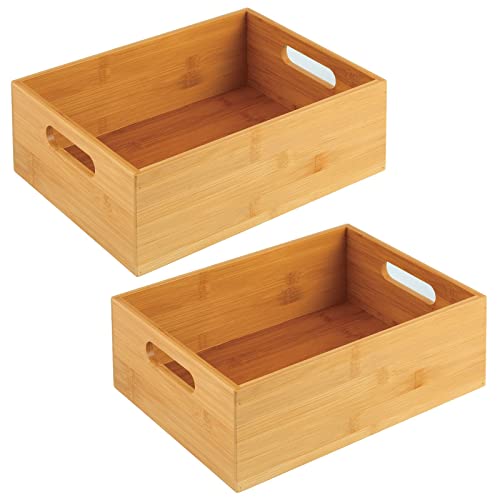 mDesign Bamboo Kitchen Cabinet & Fridge Drawer Organizer Tray with Handle - Storage Bin for Cutlery, Serving Spoons, Cooking Utensils, Gadgets - 2 Pack - 9" Wide - Natural Wood Finish