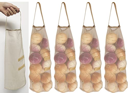 Hanging Mesh Storage Bags 5Pack Potatoes Bags Onion Bags Mesh Garlic Net Bags Long and Large Reusable Net Storage Produce Bags (Beige)