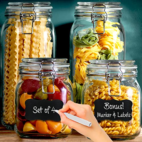 4 Glass Food Storage Jars with Airtight Lids + Chalkboard & Marker, Kitchen Canisters for Flour, Sugar, Coffee, Cereal, Pasta, Canning, Cookie Jar with Clamp Lid, Square Mason Jars 2-78oz, 2-34oz