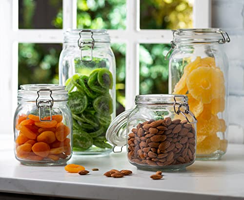 4 Glass Food Storage Jars with Airtight Lids + Chalkboard & Marker, Kitchen Canisters for Flour, Sugar, Coffee, Cereal, Pasta, Canning, Cookie Jar with Clamp Lid, Square Mason Jars 2-78oz, 2-34oz