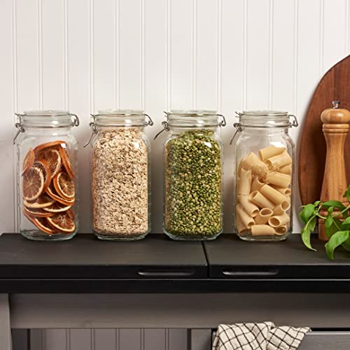 4 Glass Food Storage Jars with Airtight Lids + Chalkboard & Marker, Kitchen Canisters for Flour, Sugar, Coffee, Cereal, Pasta, Canning, Cookie Jar with Clamp Lid, Square Mason Jars 2-78oz, 2-34oz