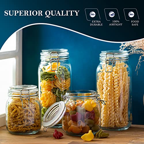 4 Glass Food Storage Jars with Airtight Lids + Chalkboard & Marker, Kitchen Canisters for Flour, Sugar, Coffee, Cereal, Pasta, Canning, Cookie Jar with Clamp Lid, Square Mason Jars 2-78oz, 2-34oz