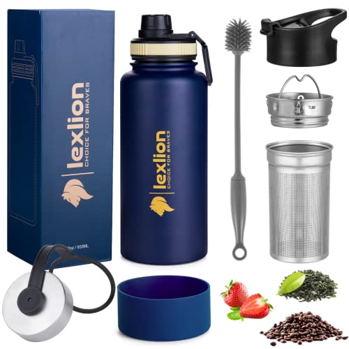 lexlion Water Bottle 32 Oz, Triple Walled Insulated Stainless Steel Reusable, Wide Mouth, Fruit Diffuser-Thermal Leaf Infuser , Silicone Sleeve&Cleaning Brush, 3 Lids Leak Proof, Metal Mug gallon