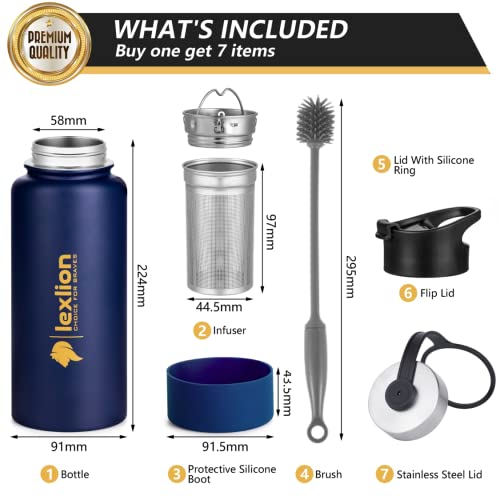 lexlion Water Bottle 32 Oz, Triple Walled Insulated Stainless Steel Reusable, Wide Mouth, Fruit Diffuser-Thermal Leaf Infuser , Silicone Sleeve&Cleaning Brush, 3 Lids Leak Proof, Metal Mug gallon