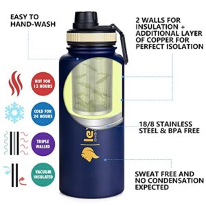 lexlion Water Bottle 32 Oz, Triple Walled Insulated Stainless Steel Reusable, Wide Mouth, Fruit Diffuser-Thermal Leaf Infuser , Silicone Sleeve&Cleaning Brush, 3 Lids Leak Proof, Metal Mug gallon