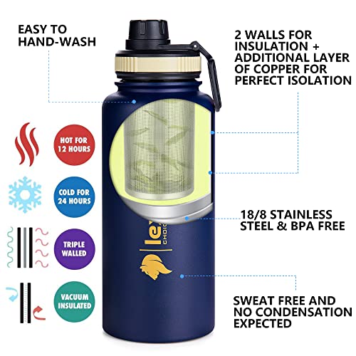 lexlion Water Bottle 32 Oz, Triple Walled Insulated Stainless Steel Reusable, Wide Mouth, Fruit Diffuser-Thermal Leaf Infuser , Silicone Sleeve&Cleaning Brush, 3 Lids Leak Proof, Metal Mug gallon