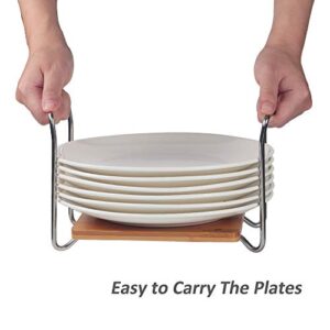 E-ROOM TREND Dish Holder SS304 1 Pack Large Square Size for 9" to 13" Plates Organizer Upgrade Thicken Bamboo Adjustable Size Easy Carried Handles Storage Rack for RV Cabinets Shelf Countertop (A017)