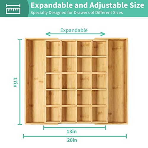 vioview Bamboo Kitchen Drawer Organizer, Adjustable Silverware Organizer with Removable Dividers, Utensil Organizer for Kitchen Drawers/Silverware Tray for Drawer in Kitchen, Bedroom, Living Room