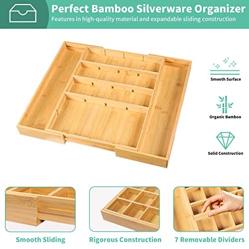 vioview Bamboo Kitchen Drawer Organizer, Adjustable Silverware Organizer with Removable Dividers, Utensil Organizer for Kitchen Drawers/Silverware Tray for Drawer in Kitchen, Bedroom, Living Room