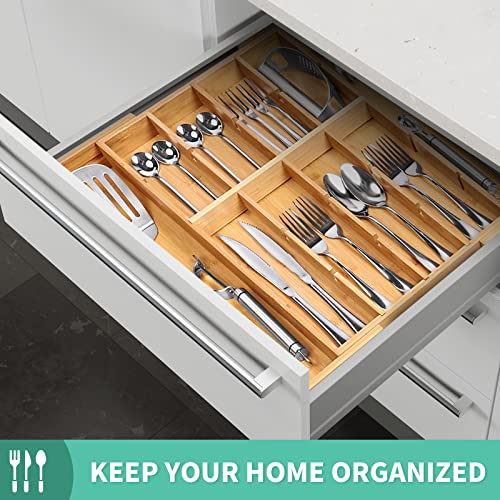 vioview Bamboo Kitchen Drawer Organizer, Adjustable Silverware Organizer with Removable Dividers, Utensil Organizer for Kitchen Drawers/Silverware Tray for Drawer in Kitchen, Bedroom, Living Room