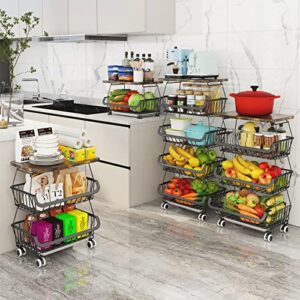 4 Tier Fruit Basket for Kitchen - Stackable Fruit and Vegetable Storage Cart with Wooden Top Rolling Wheels Metal Wire Basket Organizer for Onions Potatoes Storage Utility Rack Bins for Kitchen Pantry