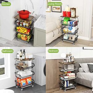 4 Tier Fruit Basket for Kitchen - Stackable Fruit and Vegetable Storage Cart with Wooden Top Rolling Wheels Metal Wire Basket Organizer for Onions Potatoes Storage Utility Rack Bins for Kitchen Pantry