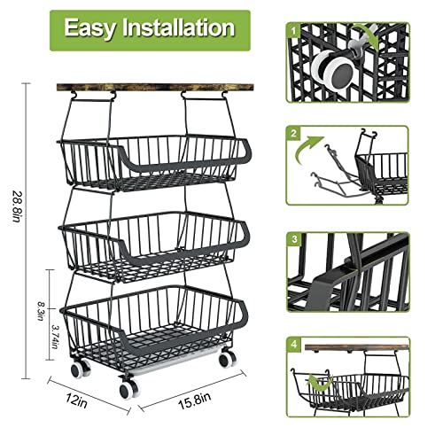 4 Tier Fruit Basket for Kitchen - Stackable Fruit and Vegetable Storage Cart with Wooden Top Rolling Wheels Metal Wire Basket Organizer for Onions Potatoes Storage Utility Rack Bins for Kitchen Pantry