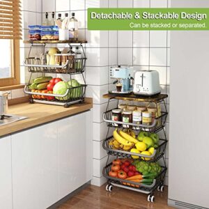 4 Tier Fruit Basket for Kitchen - Stackable Fruit and Vegetable Storage Cart with Wooden Top Rolling Wheels Metal Wire Basket Organizer for Onions Potatoes Storage Utility Rack Bins for Kitchen Pantry