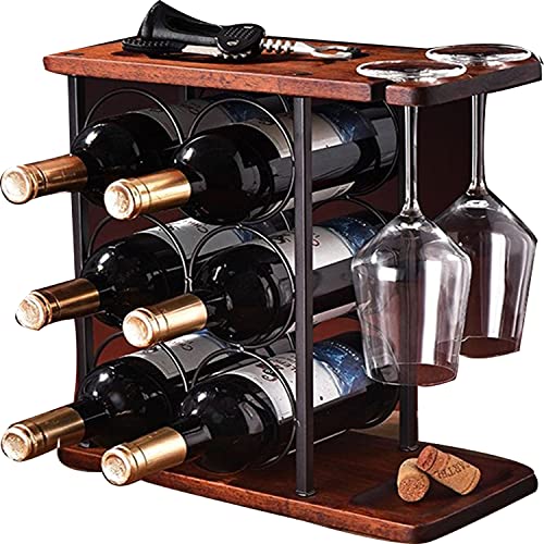 Fadak Wine Rack with Glass Stand, Countertop Wine Rack, Wooden Wine Rack with Trays, Perfect Home Decor & Kitchen Storage Rack, etc.(Accommodates 6 Bottles and 2 Glasses) (B)