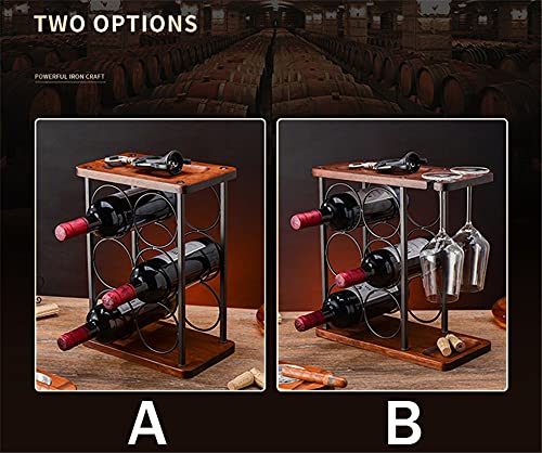 Fadak Wine Rack with Glass Stand, Countertop Wine Rack, Wooden Wine Rack with Trays, Perfect Home Decor & Kitchen Storage Rack, etc.(Accommodates 6 Bottles and 2 Glasses) (B)