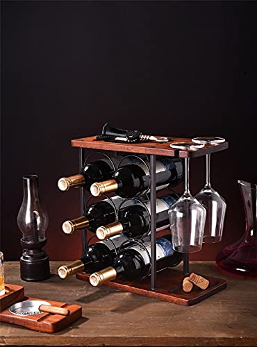 Fadak Wine Rack with Glass Stand, Countertop Wine Rack, Wooden Wine Rack with Trays, Perfect Home Decor & Kitchen Storage Rack, etc.(Accommodates 6 Bottles and 2 Glasses) (B)