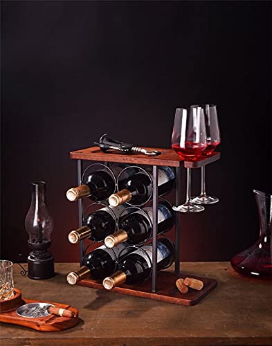 Fadak Wine Rack with Glass Stand, Countertop Wine Rack, Wooden Wine Rack with Trays, Perfect Home Decor & Kitchen Storage Rack, etc.(Accommodates 6 Bottles and 2 Glasses) (B)