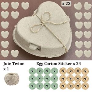 Heidi 3 Egg Carton 3-Count Paper Egg Cartons 24 pack Heart Shaped with Egg Carton Label Stickers and Jute Twine 3 cell carton for Backyard Chicken Lover Gifts