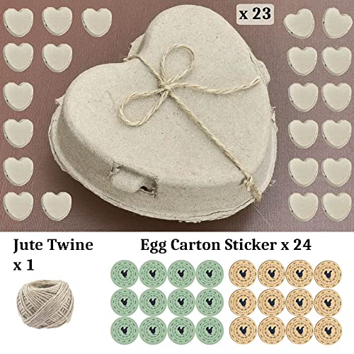 Heidi 3 Egg Carton 3-Count Paper Egg Cartons 24 pack Heart Shaped with Egg Carton Label Stickers and Jute Twine 3 cell carton for Backyard Chicken Lover Gifts