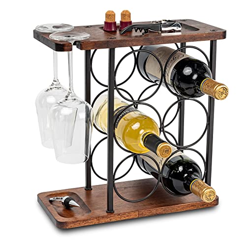 SASIDO Wine Holder and Glasses Rack, Wooden Wine Stand with Tray, Wine Racks Countertop, Perfect for Home Decor & Kitchen Storage Rack etc (Hold 6 Bottles and 2 Glasses )