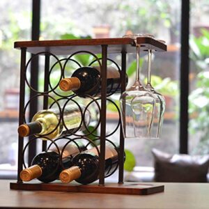 SASIDO Wine Holder and Glasses Rack, Wooden Wine Stand with Tray, Wine Racks Countertop, Perfect for Home Decor & Kitchen Storage Rack etc (Hold 6 Bottles and 2 Glasses )