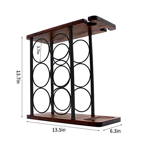 SASIDO Wine Holder and Glasses Rack, Wooden Wine Stand with Tray, Wine Racks Countertop, Perfect for Home Decor & Kitchen Storage Rack etc (Hold 6 Bottles and 2 Glasses )