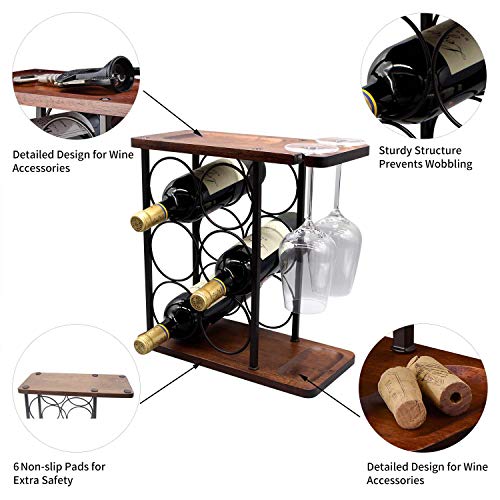 SASIDO Wine Holder and Glasses Rack, Wooden Wine Stand with Tray, Wine Racks Countertop, Perfect for Home Decor & Kitchen Storage Rack etc (Hold 6 Bottles and 2 Glasses )