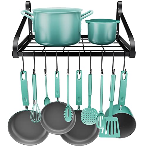 MUDEELA Hanging Pot Rack with 10 Hooks, Pots and Pans Organizer Wall Mounted Pot Organizer Rack, Wall Shelf for Kitchen Organization,Cookware, Books, Household,Bathroom