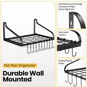 MUDEELA Hanging Pot Rack with 10 Hooks, Pots and Pans Organizer Wall Mounted Pot Organizer Rack, Wall Shelf for Kitchen Organization,Cookware, Books, Household,Bathroom