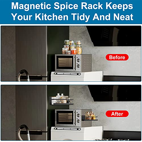 Arinster 2 Pack Magnetic Spice Rack Organizer - Single Tier Magnetic Spice Rack for Refrigerator with 8 Removable Hooks, Strong Magnetic Shelf for Kitchen,Metal Cabinet (Black)