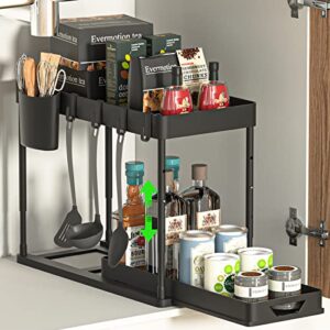 under sink organizers and storage liftable sink shelf, onadak 2 tier sliding under bathroom cabinet organizer drawer with 4 hooks & 1 hanging cup under kitchen sink storage bathroom organizer(black)