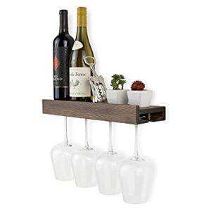 Rustic State Smith Wall Mounted Wood Floating Wine Bottle Rack with Glassware Holder Stemware Shelf Storage Organizer - Home, Kitchen, Dining Room Bar Décor -Walnut