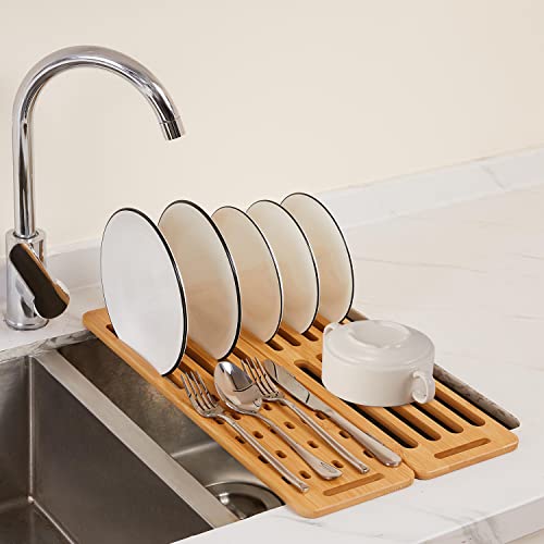 HOUSE AGAIN Foldable Bamboo Dish Drying Rack, Over The Sink Drying Rack, Dish Drainer for Kitchen Contertop, Multipurpose Over Sink Kitchen Accessories, Sturdy Bamboo Material, Hold up to 55lbs