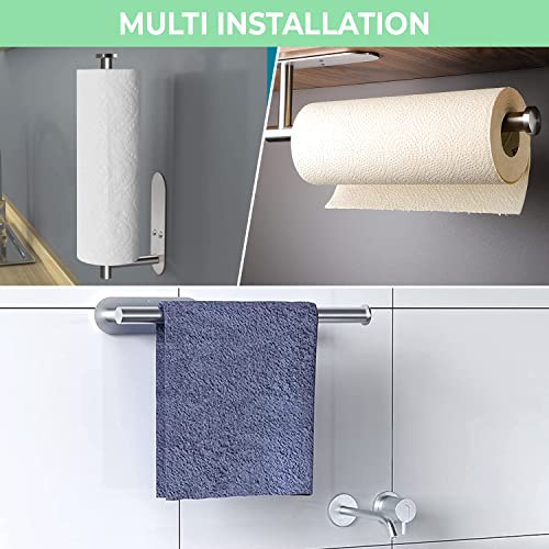 Paper Towel Holders, Paper Towel Holder Under Cabinet, Stainless Steel Paper Towel Holder Wall Mount for Kitchen, Bathroom, Paper Towel Rack with Self Adhesive and Screws, Both Available