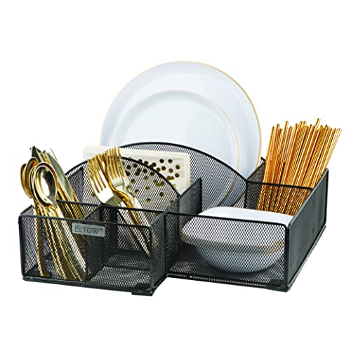 ELTOW Paper Plate holders and Buffet Caddy Large Cutlery holder for party, Fork, Knives, Cups Holder -Sturdy Napkin and Tableware Dispenser -For Home, Restaurant, Office -Utensil Caddy for parties