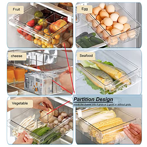 Yatmung Fridge Drawer organizer and storage clear box (with Removable Dividers), Adjustable fridge storage containers for Egg/Fruit/Vegetable/cheese, refrigerator organizer bins pull out drawer, 2-Pack