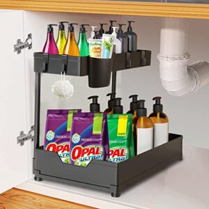 karlsitek under sink organizer,2-tier bathroom organizer,l-shape one sliding under cabinet storage organizer with 1 hanging cup and 4 hooks,under sink organizers and storage for kitchen bathroom